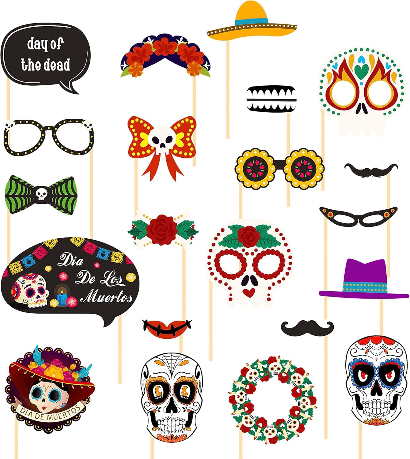 21 Piece Day of The Dead Photo Booth Prop Halloween Skeleton Glasses ...