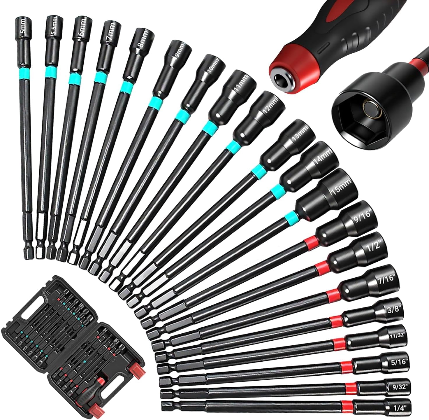 21-Piece Magnetic Nut Driver Set - SAE (1/4" to 9/16") & Metric (5mm to ...