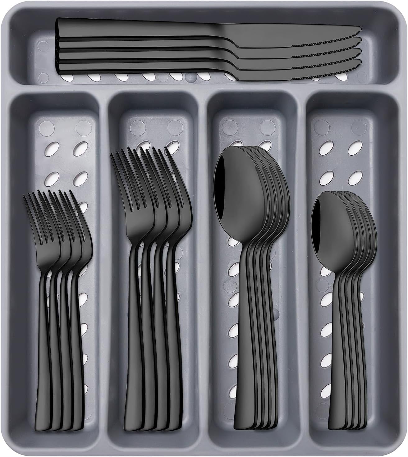 21-Piece Modern Black Silverware Set with Organizer Tray Stainless ...