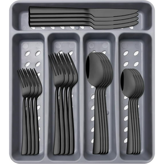 21-Piece Modern Black Silverware Set with Organizer Tray Stainless ...
