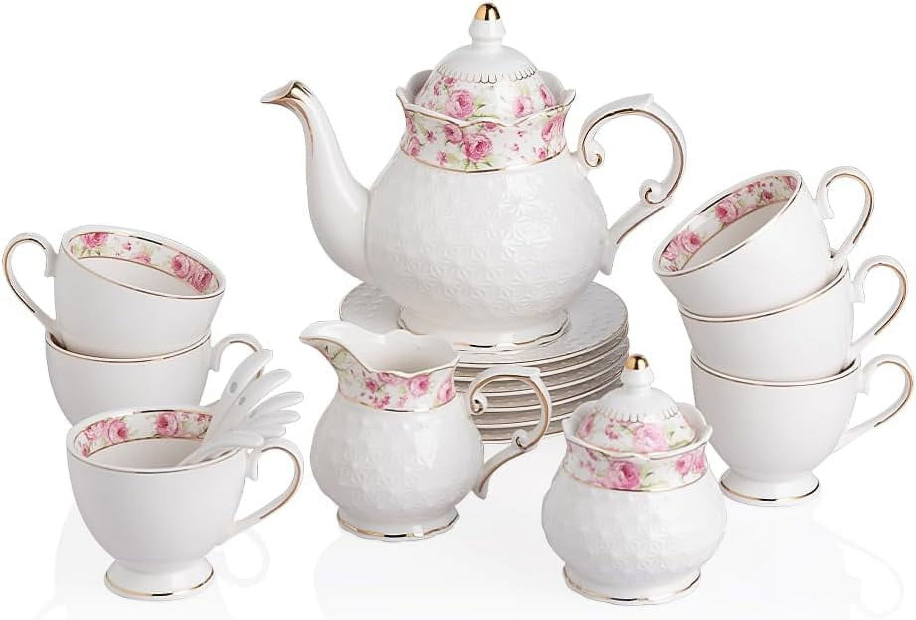 21 Piece Porcelain Tea Set, Vintage British Floral Relief Gold Rimmed ...
