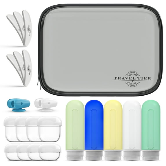 21 Piece Travel Kit with Silicone Bottles and TSA Approved Transparent ...
