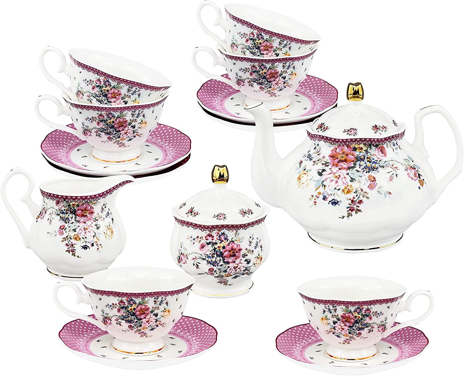21 Piece Vintage Porcelain Tea Set, Pink Floral Coffee Cup Set for 6 ...