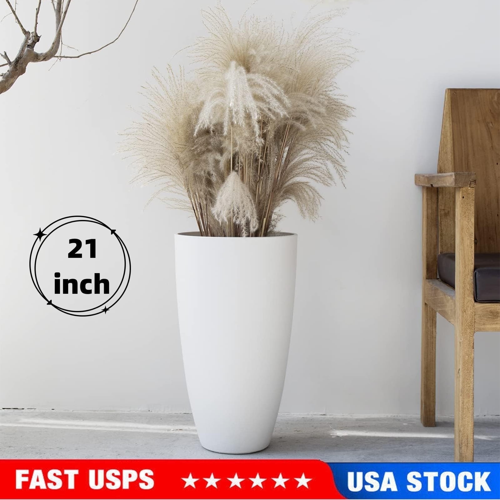 "21"" White Round Tall Planter, Large Flower Pot for Indoor/Outdoor ...