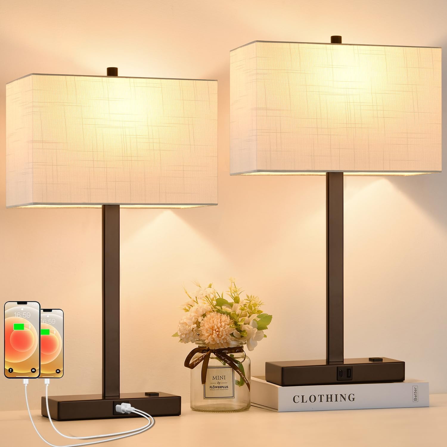 21" Set of 2 Table Lamps with 2 USB & AC Outlets, Touch Control 3-Way ...