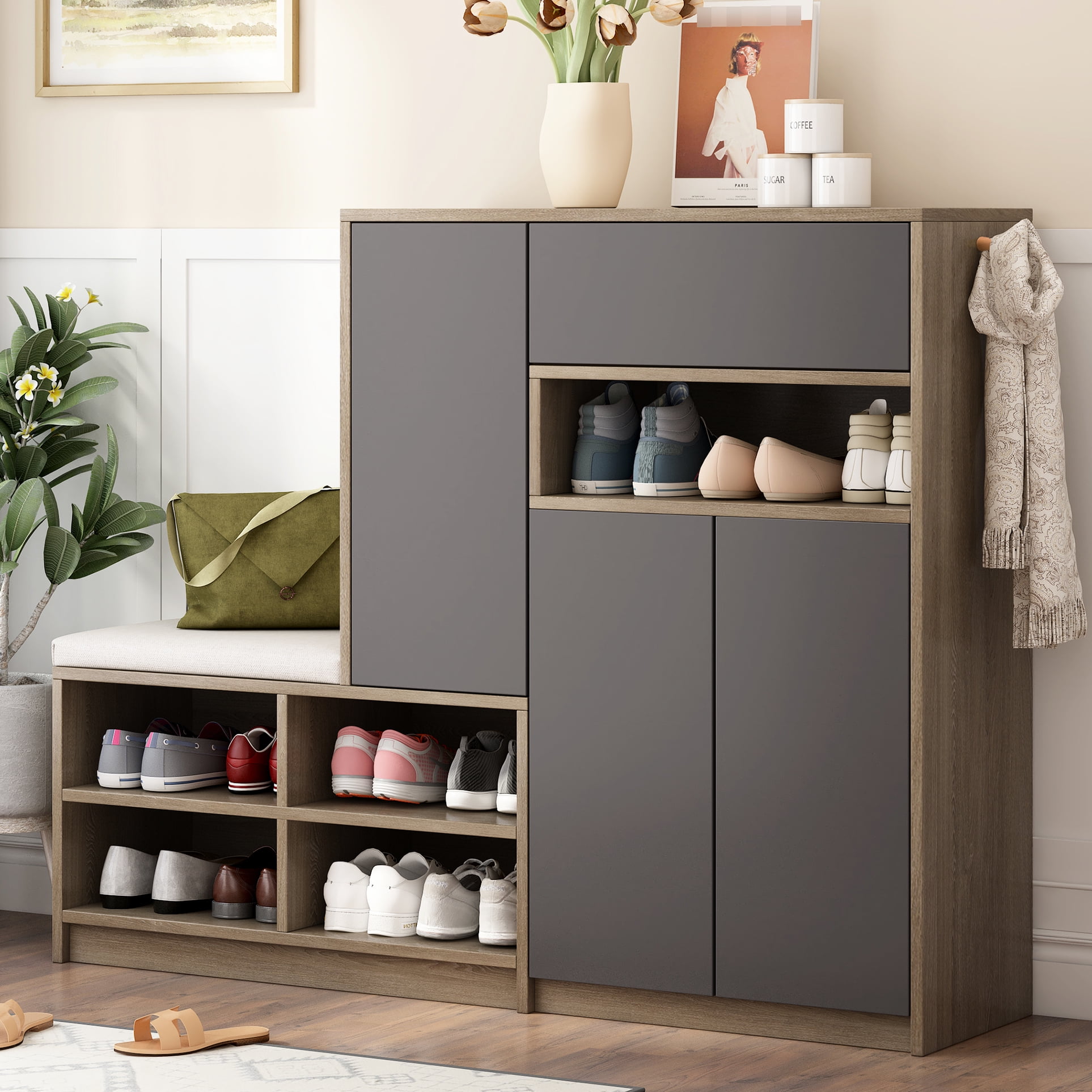 21 Shoe Cabinet & Seat, Adjustable Shelves, Grey, Holds 15-20 Pairs Of ...