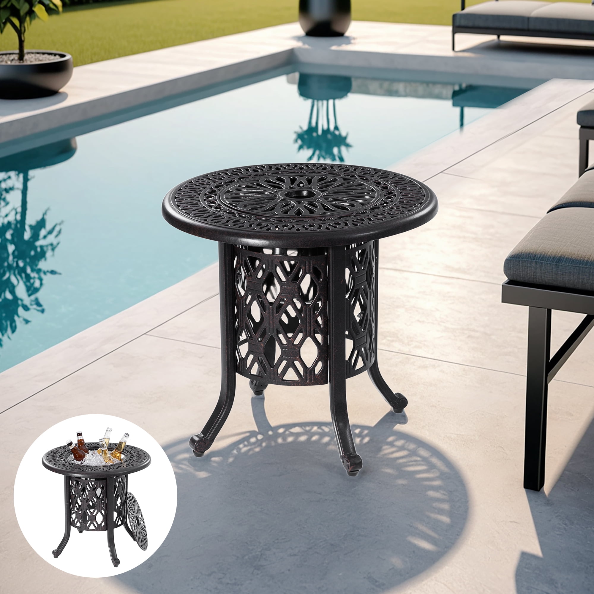 21" Side Table With Removable Ice Bucket- Rustproof Cast Aluminum Frame ...