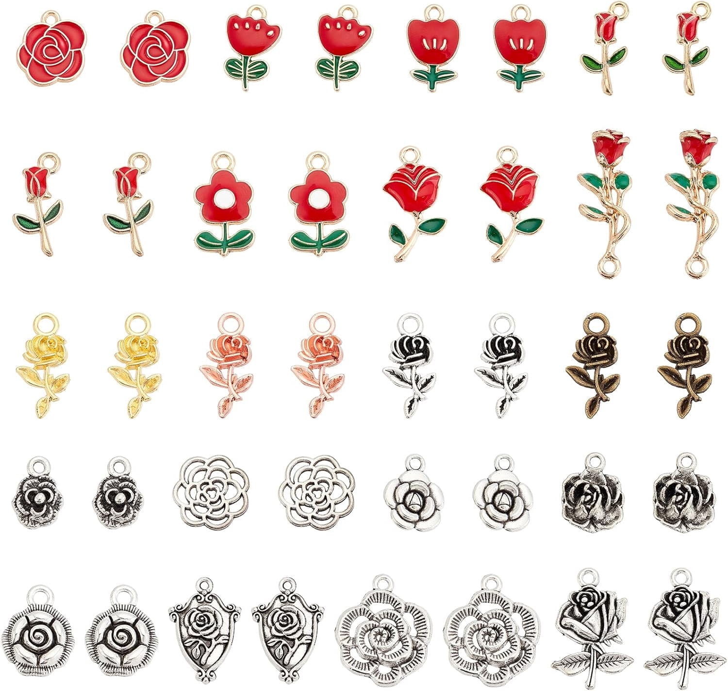 21 Styles 116pcs Rose Flower Charm Pendant 16pcs Enamel Red Rose Charms ...