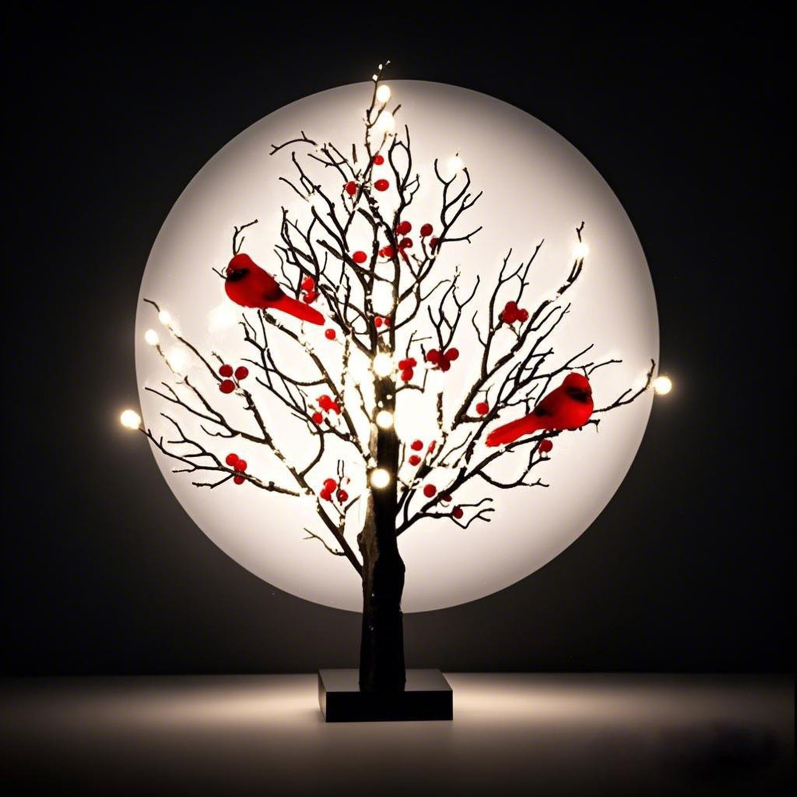 21" Vintage Glowing Tree with Red Bird, Tree with Cardinals and Berries ...