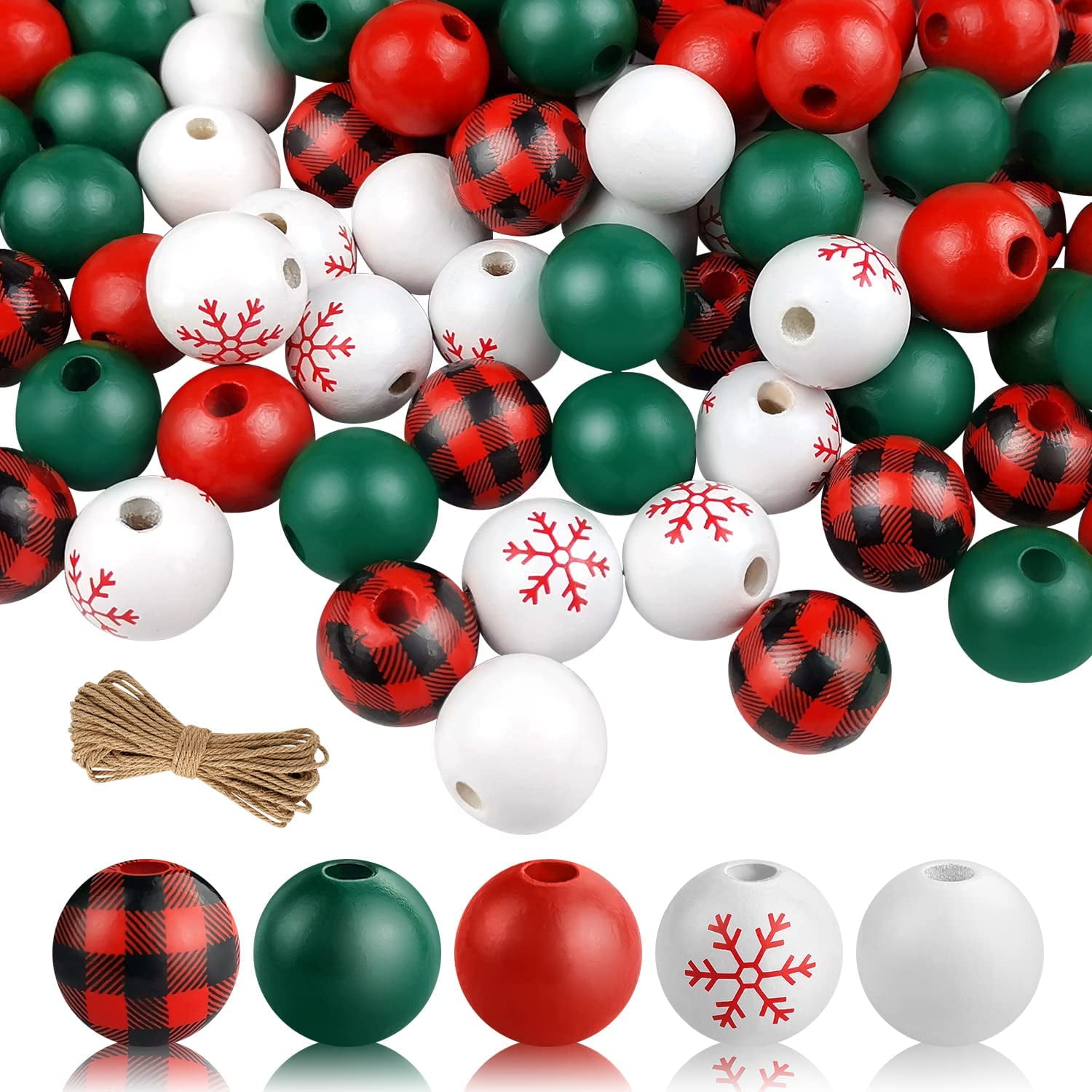 210 Pcs Christmas Wooden Beads, Red Green Plaid, 16mm Natural Bead with ...