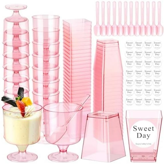210 Pcs Mini Dessert Cups with Spoons Pink Clear Pastic Dessert Cups 5 ...