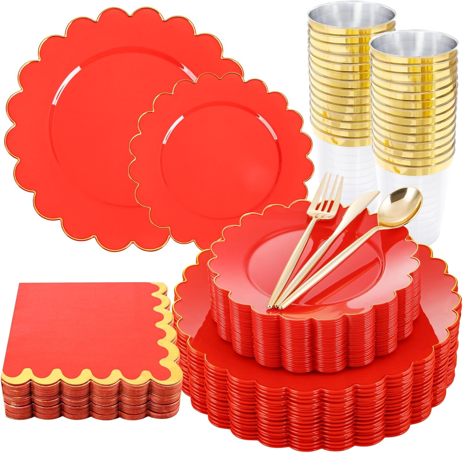 LIYH 210 Pcs Red Plastic Scalloped Plates with Gold Edge, Plastic ...