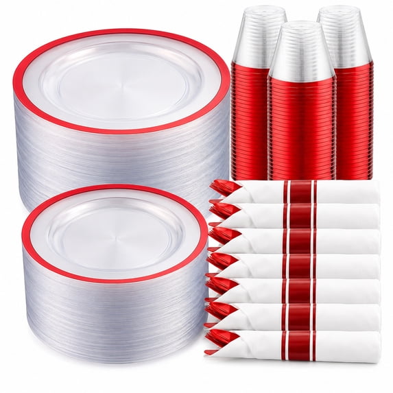 210 Pcs Red Plates Set: Clear Red Plastic Plates, Cups, Rolled Napkins ...