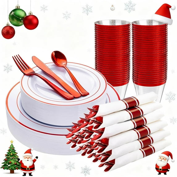 210 Piece Red Plastic Dinnerware Set, Disposable Plates for Party ...