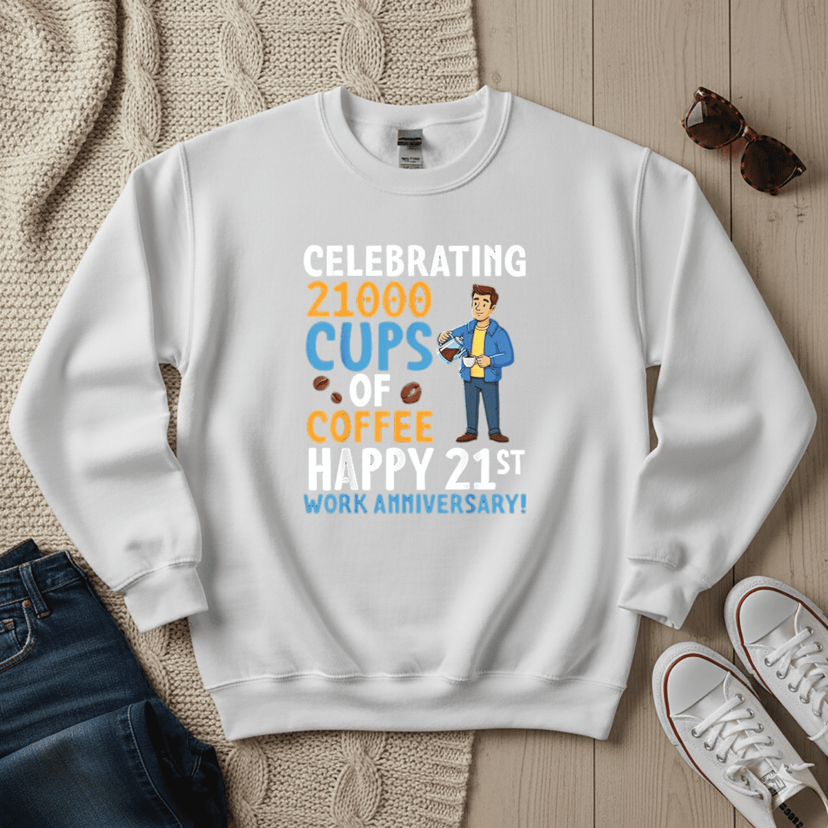 21000 Cups of Coffee Happy 21st Work Anniversary Funny Gift Sweatshirt ...