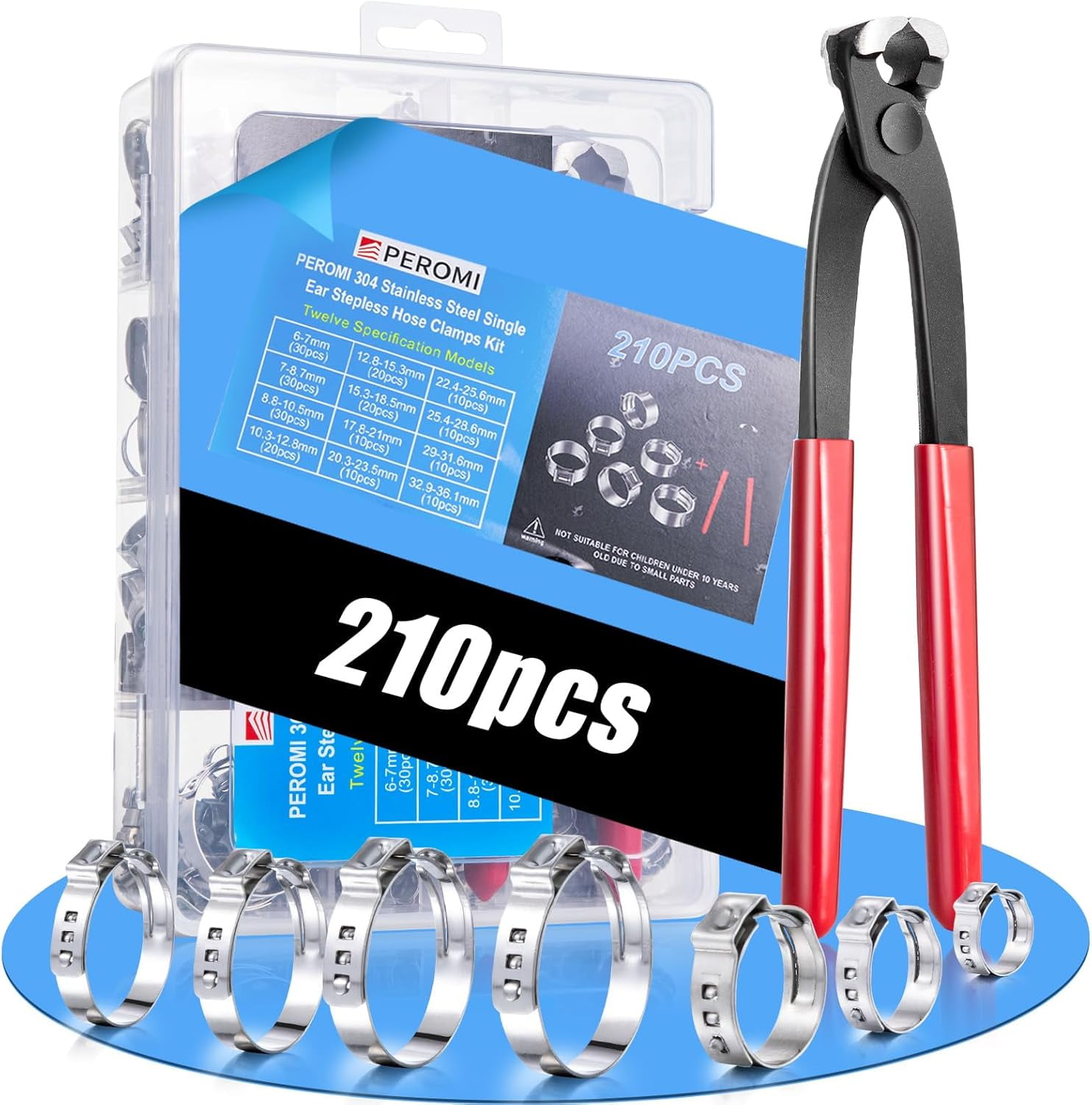 210PCS 304 Stainless Steel Single Ear Hose Clamp Assortment Kit - 12 ...