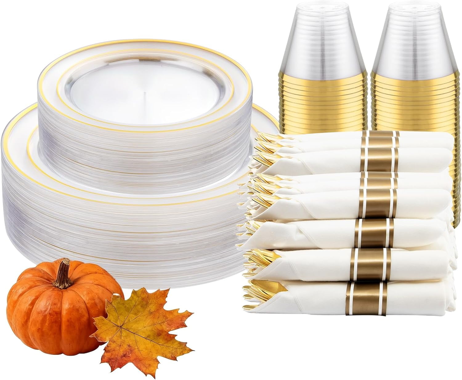210PCS Clear Gold Plastic Dinnerware Set Thanksgiving Plates Disposable ...