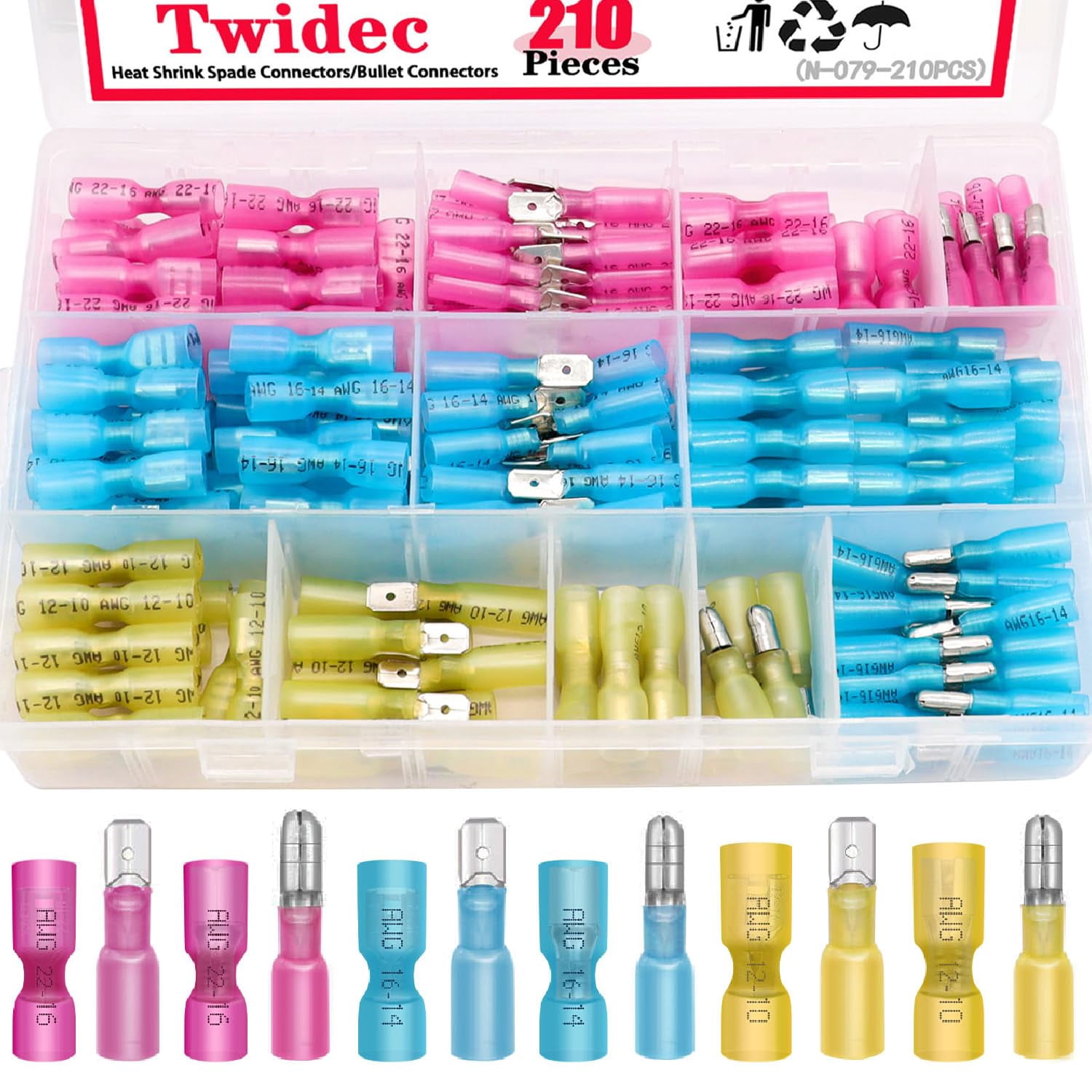 /210PCS Heat Shrink Spade Connectors Bullet Connectors 22-10 Gauge ...