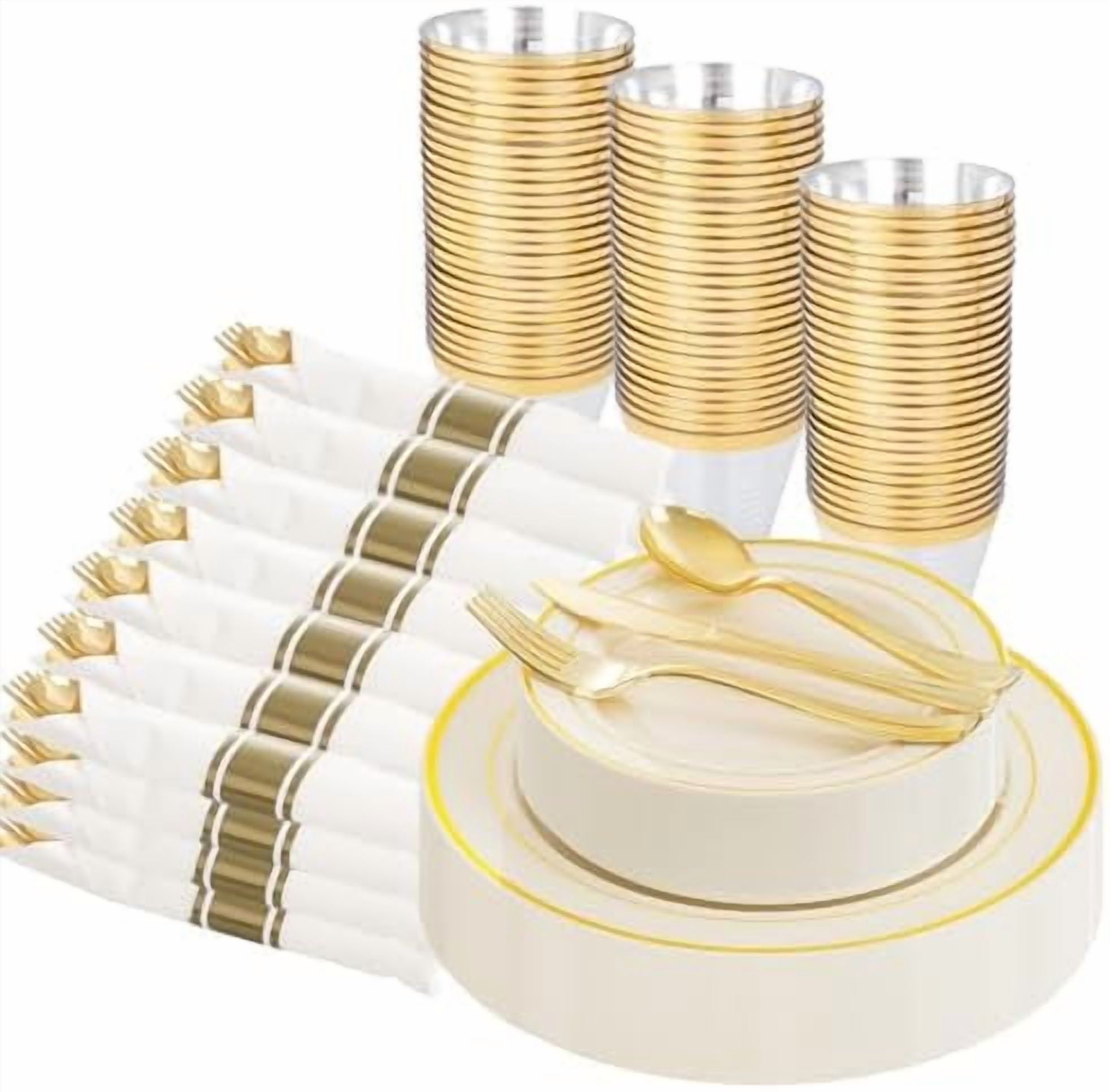 210PCS Ivory Plastic Plates for 30 Guests - Gold Plastic Plates, Platos ...