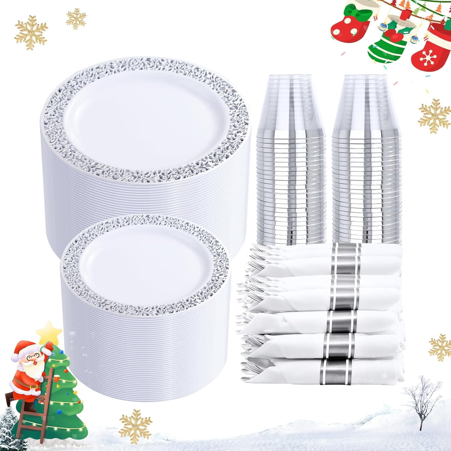 210PCS Silver Plastic Dinnerware Set, Fancy Disposable Plates, Includes ...
