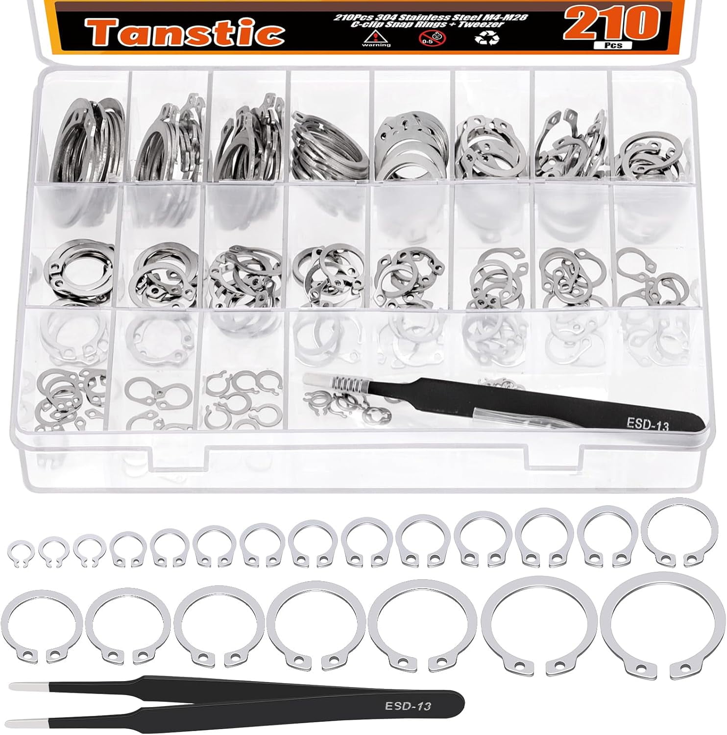 210Pcs 21 Sizes External Retaining Rings Snap Rings Assortment Kit Snap ...