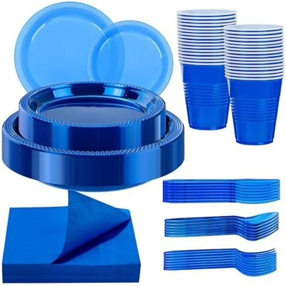 210Pcs Clear Blue Plastic Plates,Blue Plastic Dinnerware Set,Party ...
