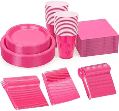 210Pcs Hot Pink Plastic Plates, Disposable Dinnerware Set, Party ...