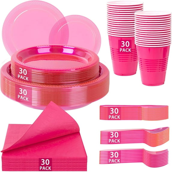 210Pcs Hot Pink Plates,Clear Hot Pink Plastic Dinnerware Set,Party ...