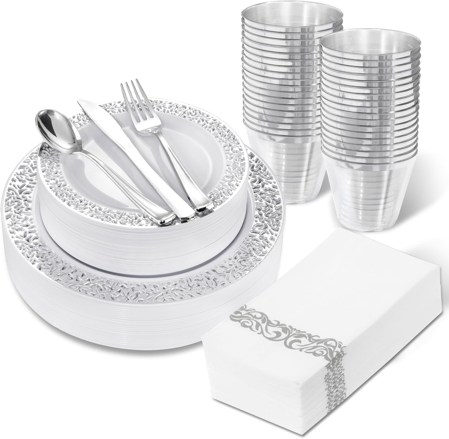 210pcs Dinnerware Set - Silver Rimmed Plastic Plates Disposable Heavy ...