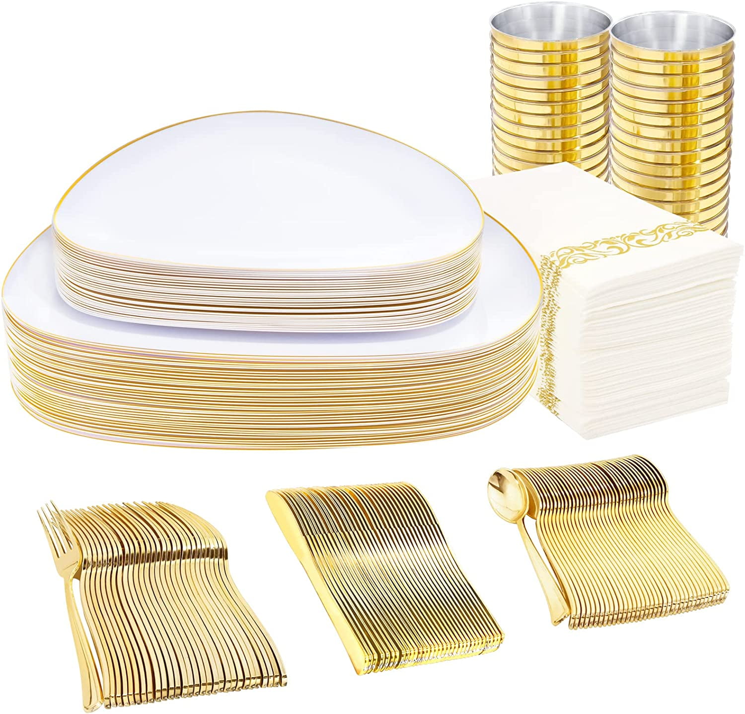 210pcs White & Gold Plates - Gold Dinnerware Set with Plates, Cups ...
