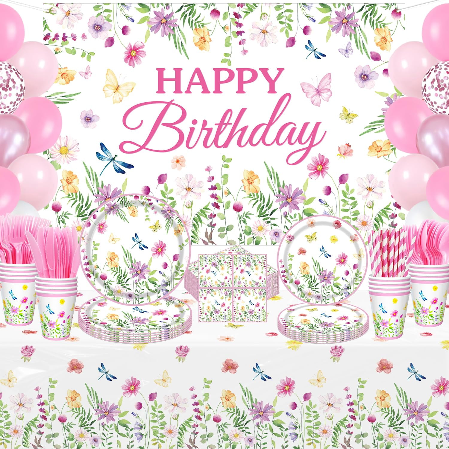 212 Pack Spring Wildflower STF9 Birthday Party Decorations Floral Tableware Set Pink Balloons ...