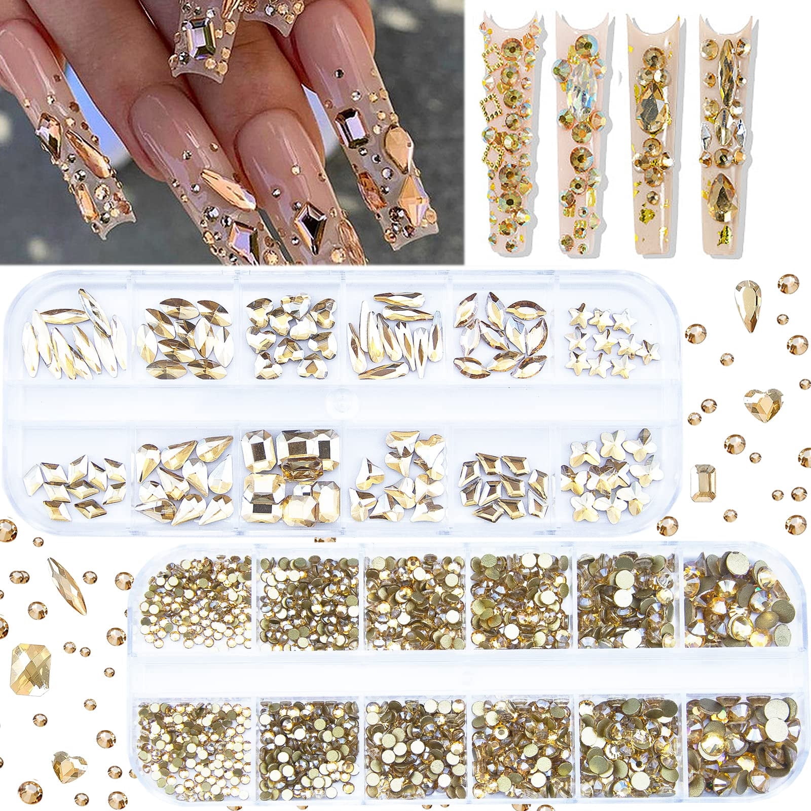 Anower Champagne Gold Nail Rhinestones, 2120 Pcs Multi-Shapes Flatback ...