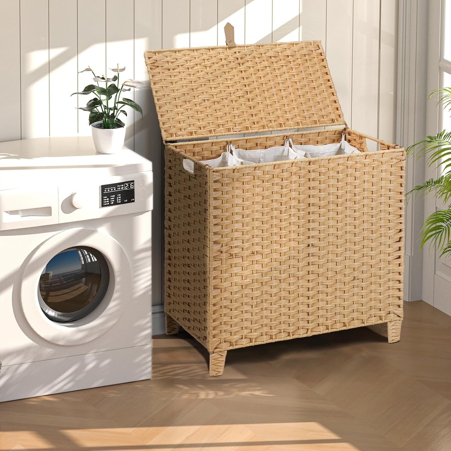 214 L Wicker Laundry Hamper with Lid 3 Section, Extra Large HandWoven ...