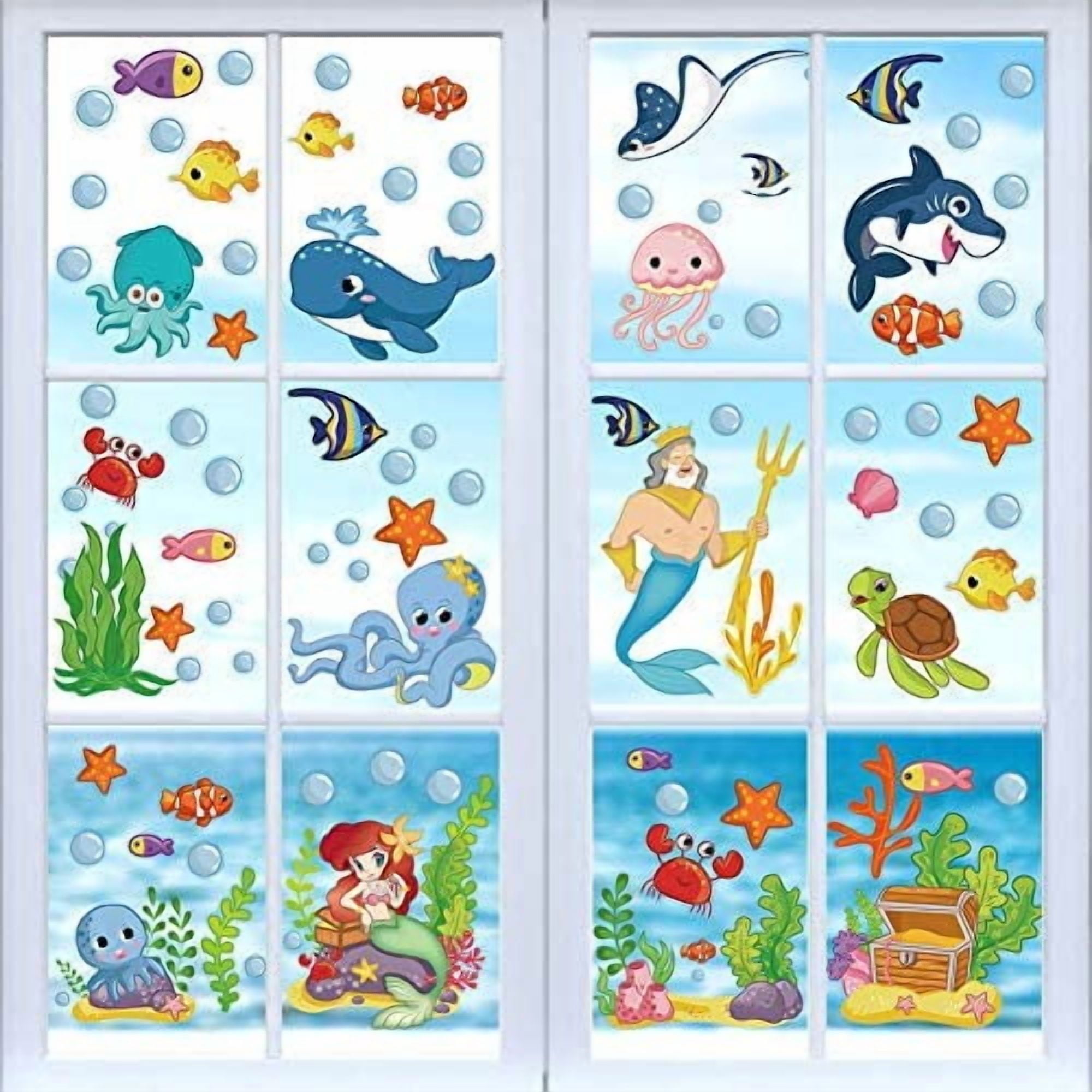 214PCS Ocean Themed Window Cling Stickers,Mermaid Sea Life Fish Window Decals for Kids Party ...