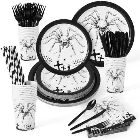 215 Pcs Halloween Plates and Napkins Set Serve 25, Halloween Spider ...
