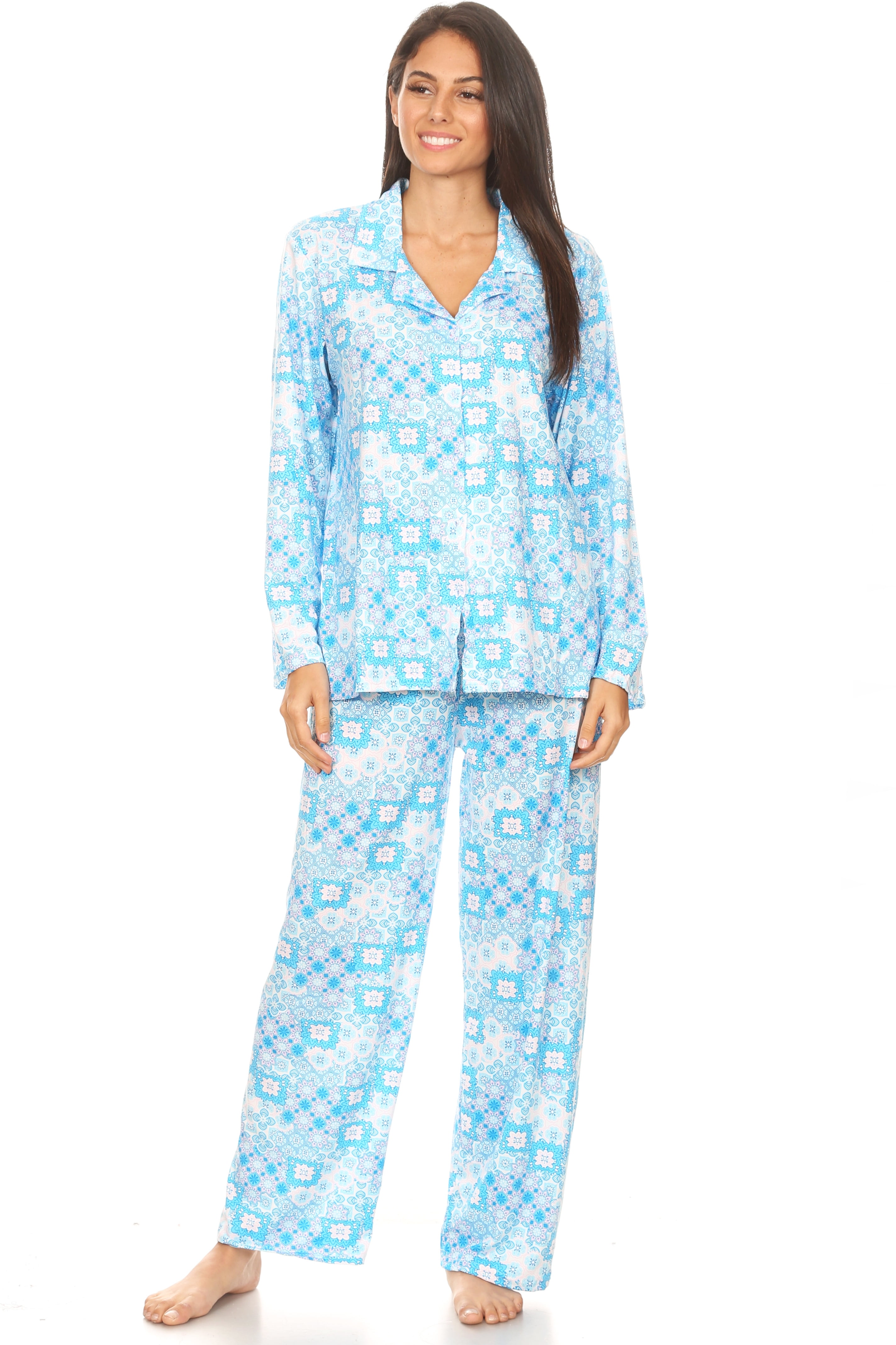 2156 Womens Sleepwear Pajamas Woman Long Sleeve Button Down Set Blue L