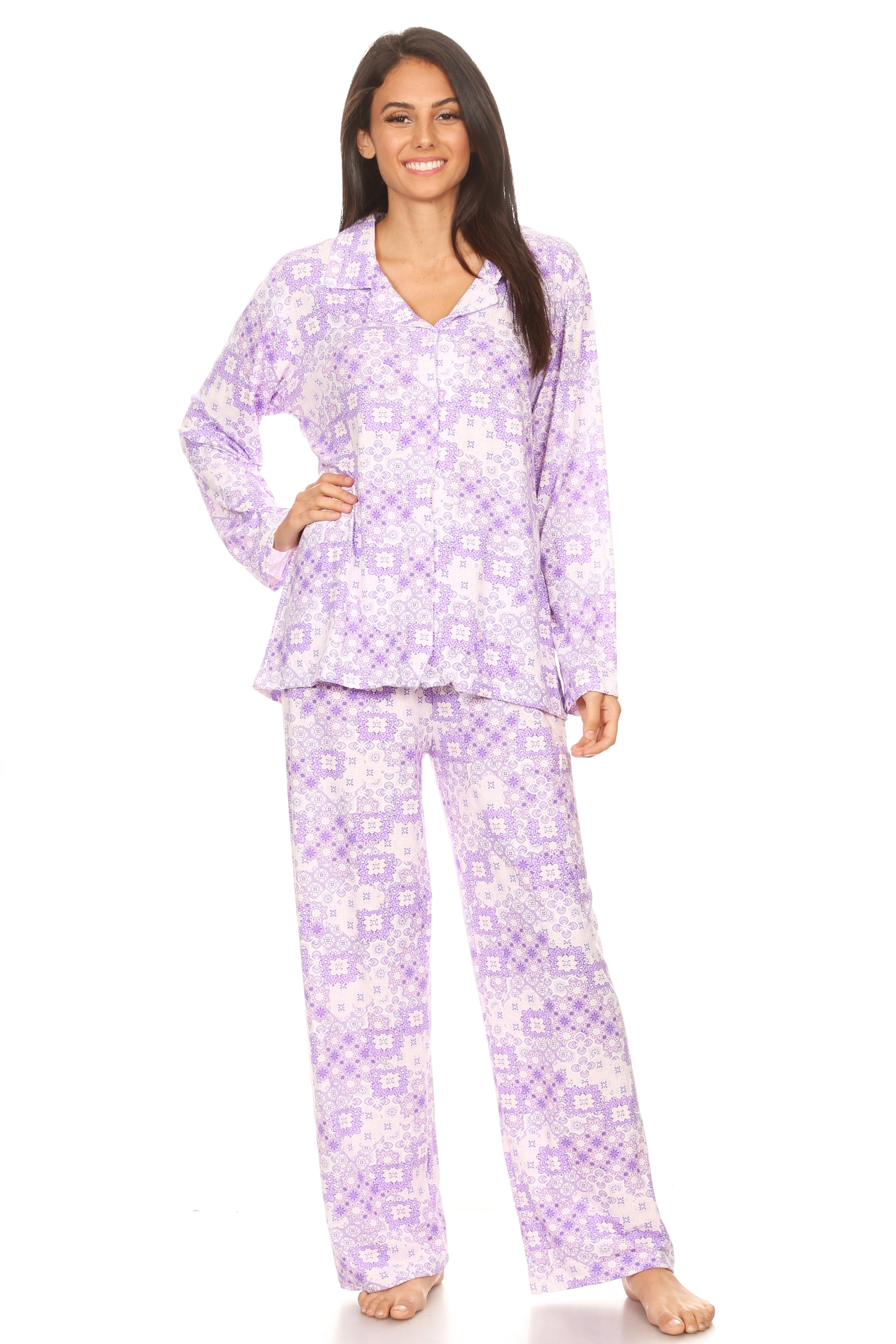 2156 Womens Sleepwear Pajamas Woman Long Sleeve Button Down Set Purple