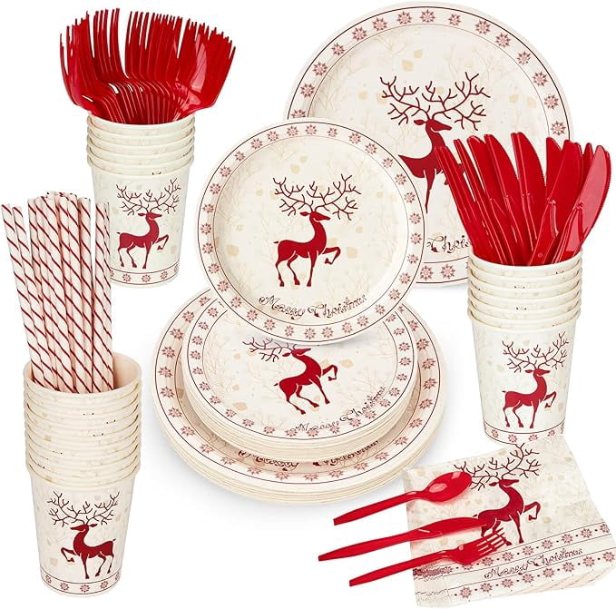 215PCS Red and White Disposable Christmas Plastic Plates - Include 25 ...