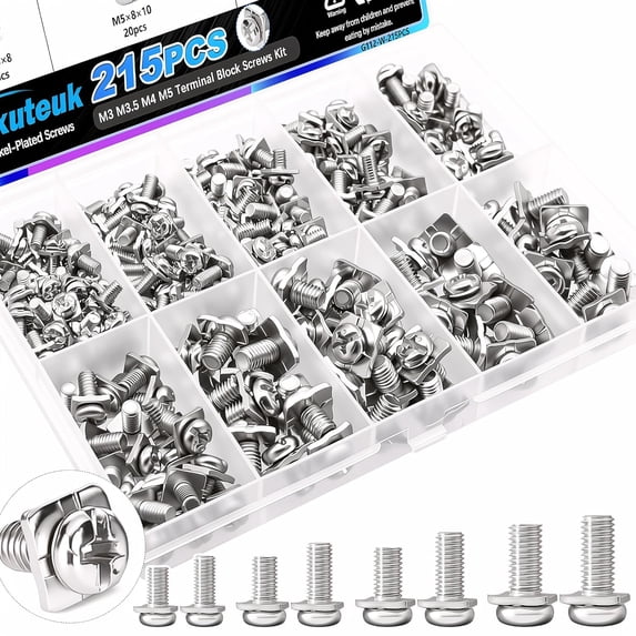 215PCS Terminal Block Screws Kit,M3 M3.5 M4 M5 Terminal Screws,Nickel ...