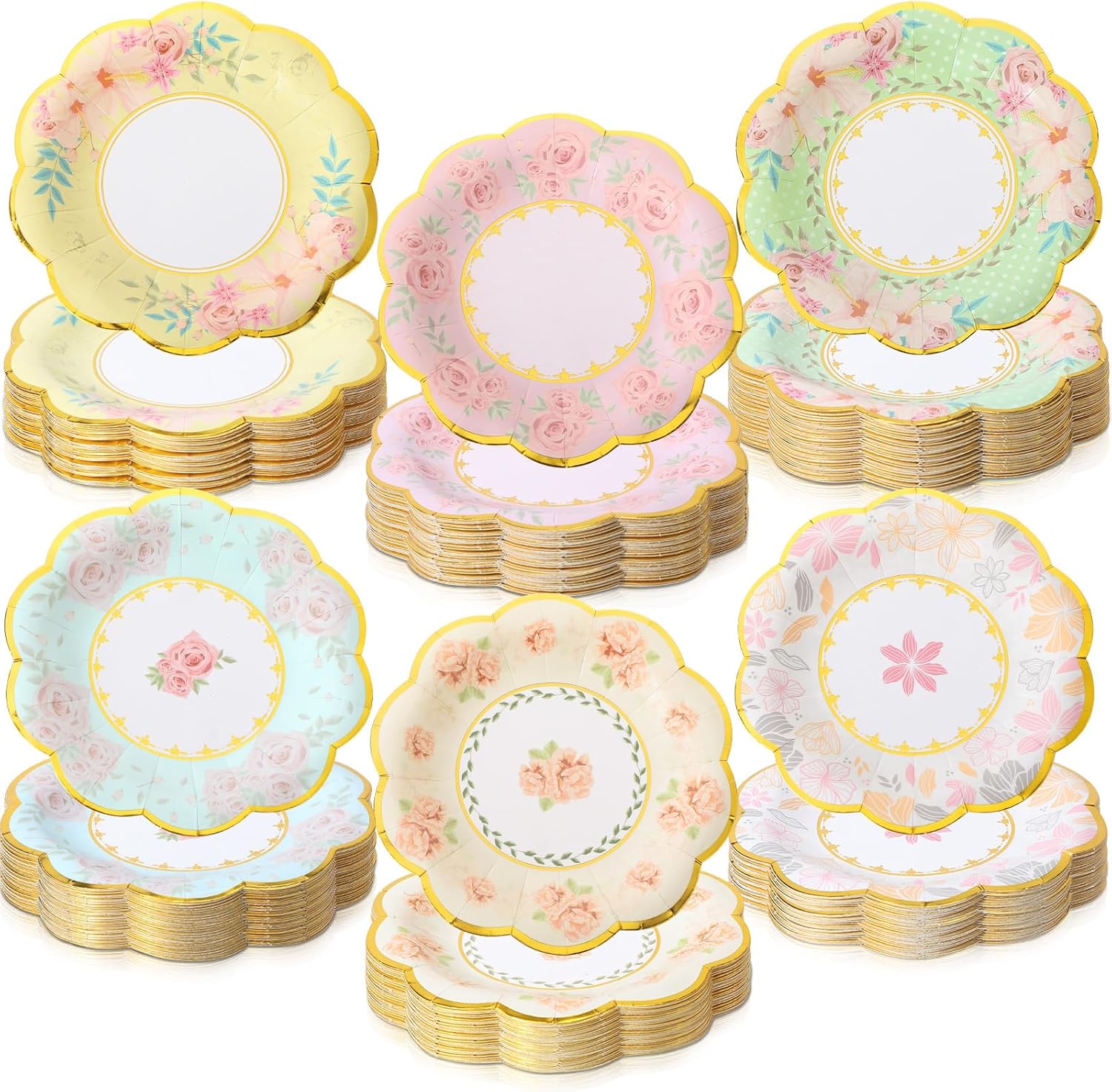 216 Pcs 6 Inch Floral Paper Plates Flower Plates with Gold Rim ...