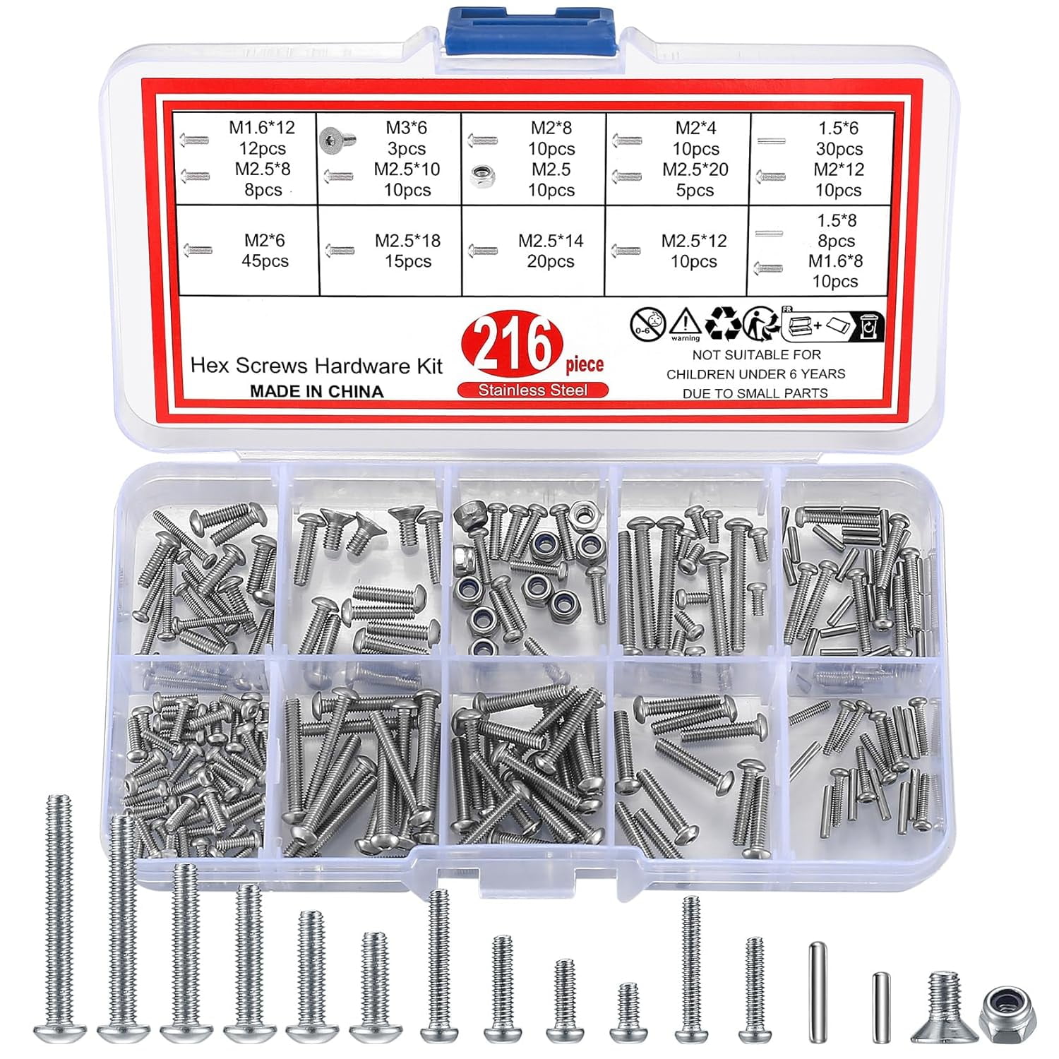 216 Pcs M1.6 M2 M2.5 M3 Metric Screw Assortment, Button Head Socket Cap ...