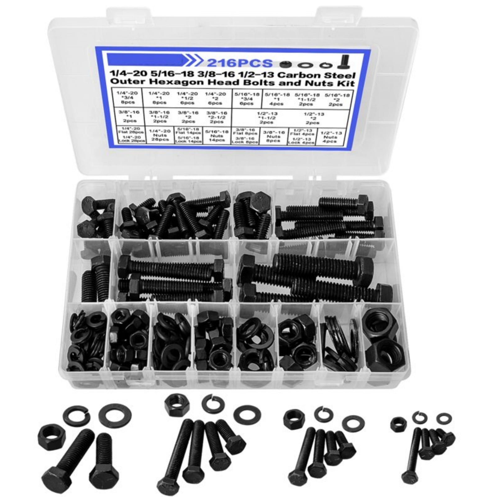 216Pcs Heavy Duty Hex Head Bolts and Nuts Kit, SAE Sizes Hex Head ...