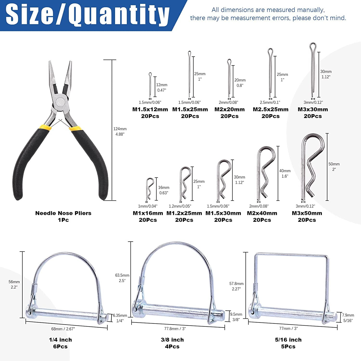 216Pcs Pto Pins Shaft Locking Pin and Cotter Pins R Clips Set, 1/4", 5/ ...
