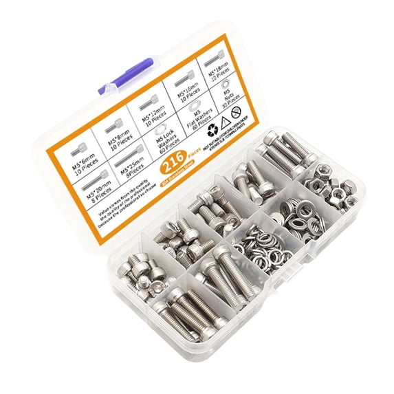 216Pcs Stainless Steel Machine Screws with Flat & Lock Washers Hexagon ...