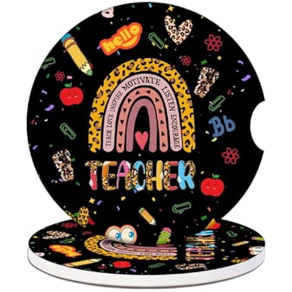 2173 Car Cup Holder Coasters - Teacher Rainbow Absorbent Ceramic ...