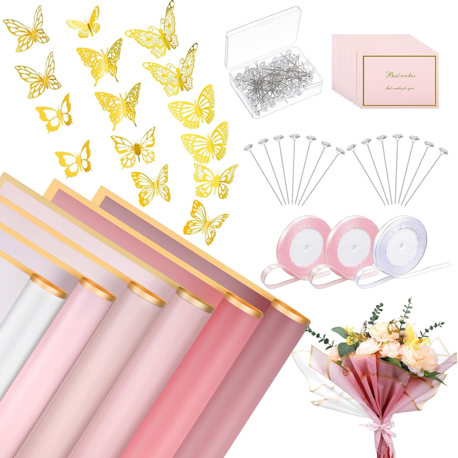 219 Pcs Flower Wrapping Paper, Pink Floral Bouquet Wrap Paper Valentine ...