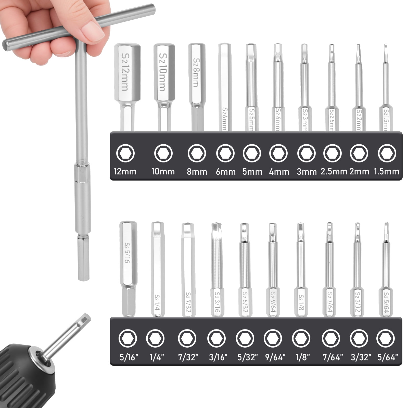 21PCS Allen Wrench Drill Bit Set T-Handle hex Key Set with 20 Hex Shank ...