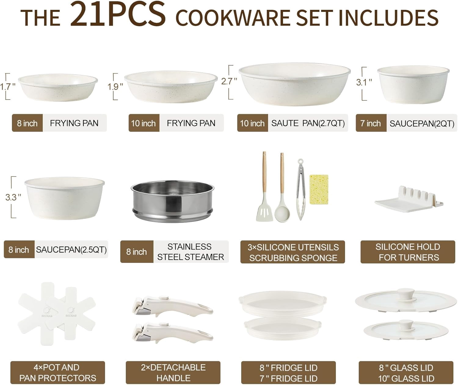 21PCS Ceramic Nonstick Cookware Set with Removable Handles Stackable ...