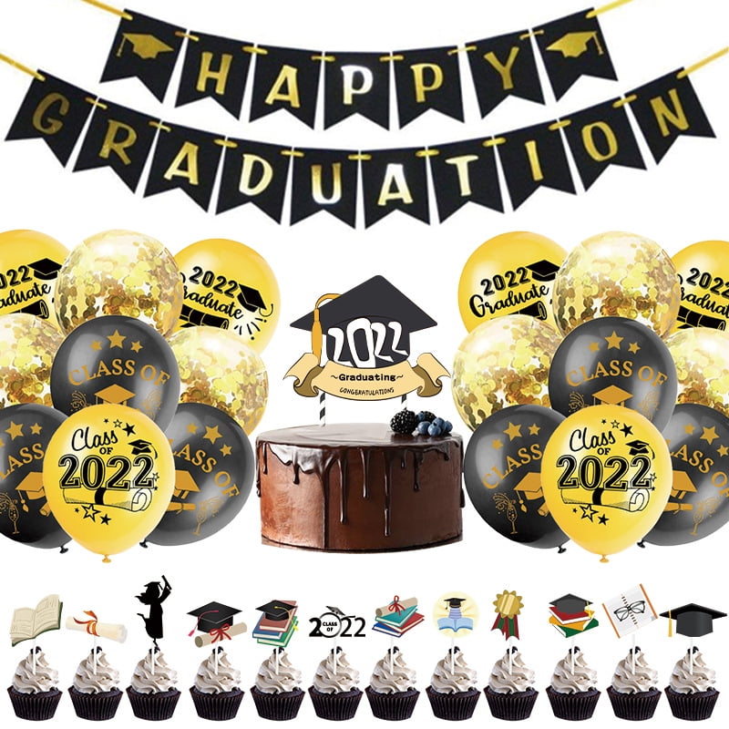21PCS Class of 2022 Graduation Party Decorations, Black Gold Graduation ...