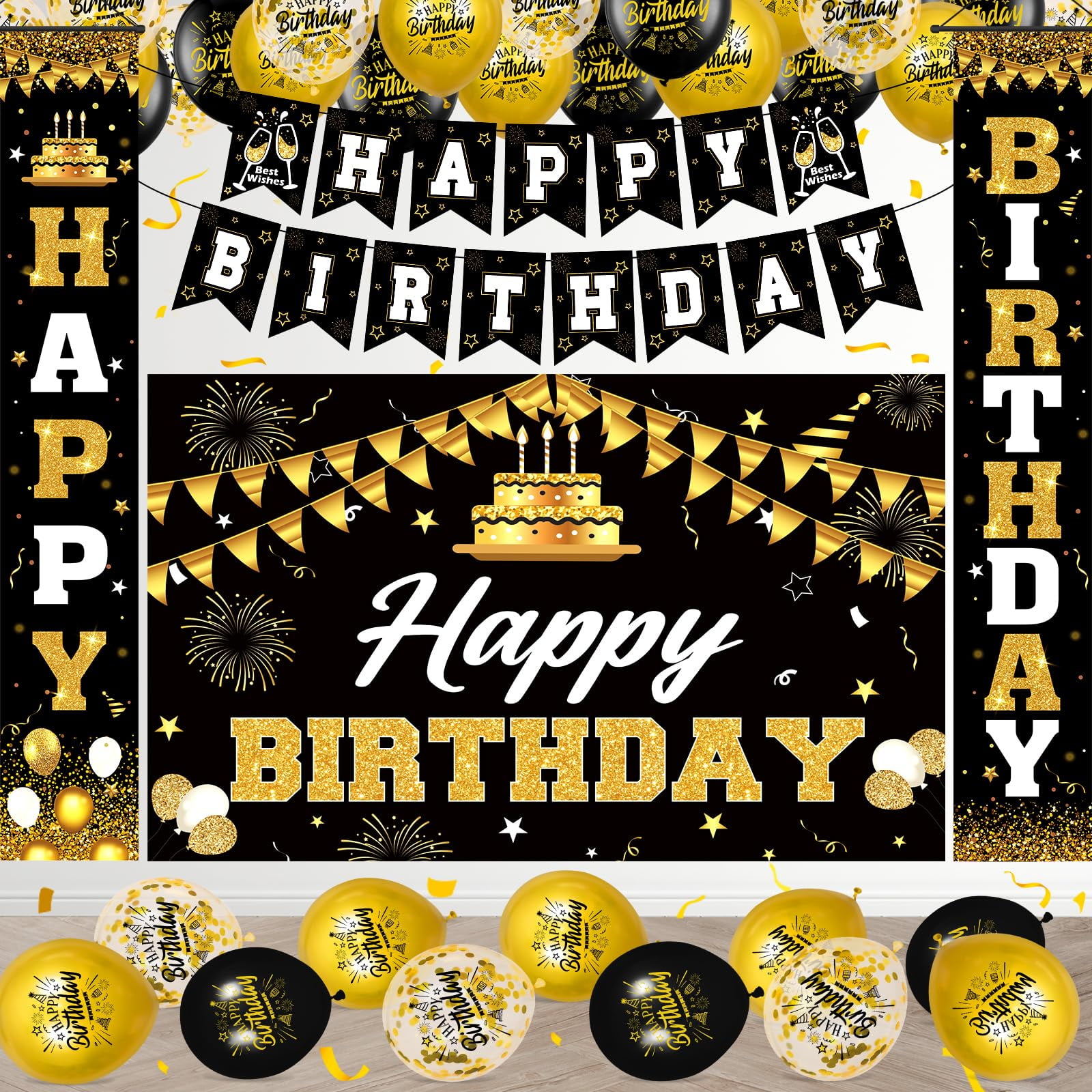 21Pcs Black Gold Birthday Party Decorations for Men Black Gold Happy ...